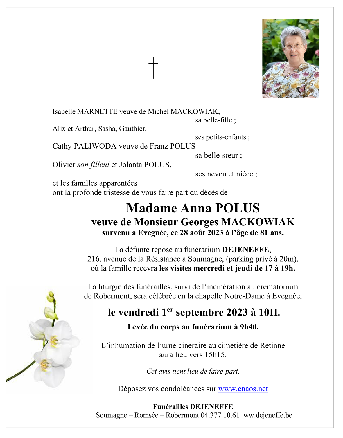Décès de Madame Anna MACKOWIAK - POLUS (28-08-23), Annonce nécrologique